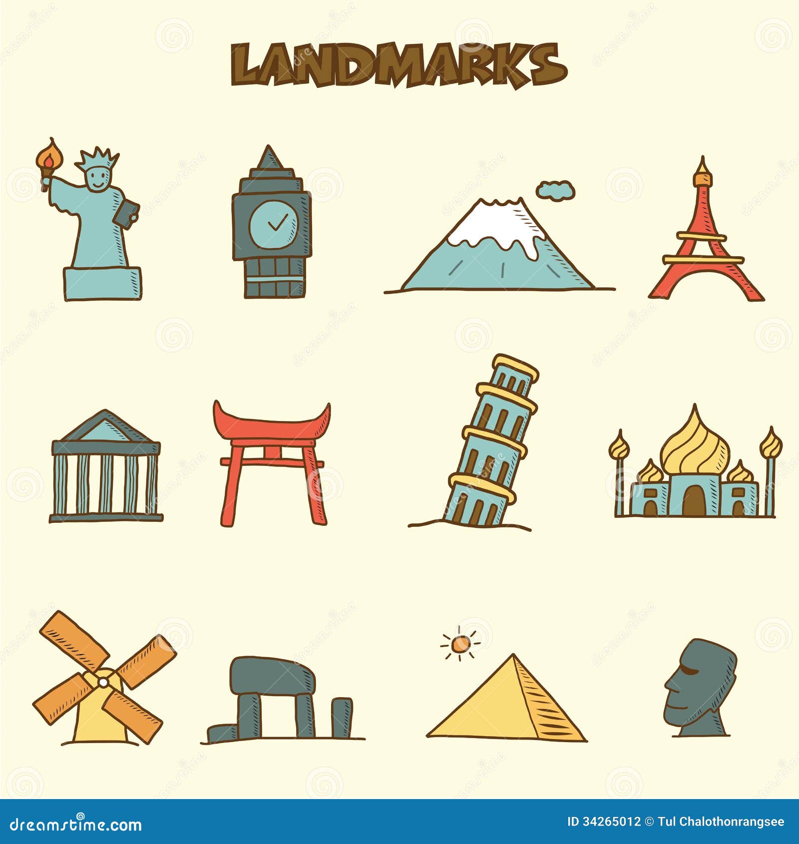 Landmarks Doodle Icons Stock Photography - Image: 34265012