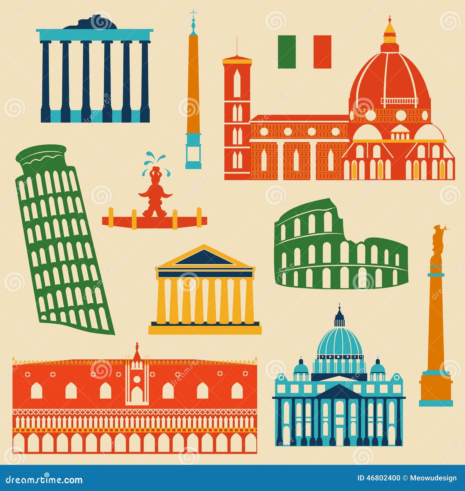 Landmarks of Italy set stock vector. Illustration of background - 46802400