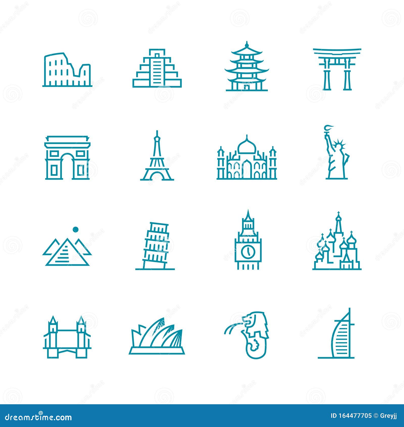 Landmarks and Monuments Icons in Thin Line Style Stock Vector ...