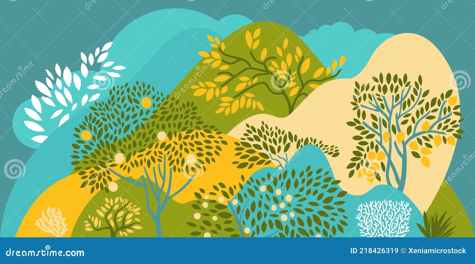 Hilly Landscape with Trees, Bushes and Plants. Growing Plants and ...