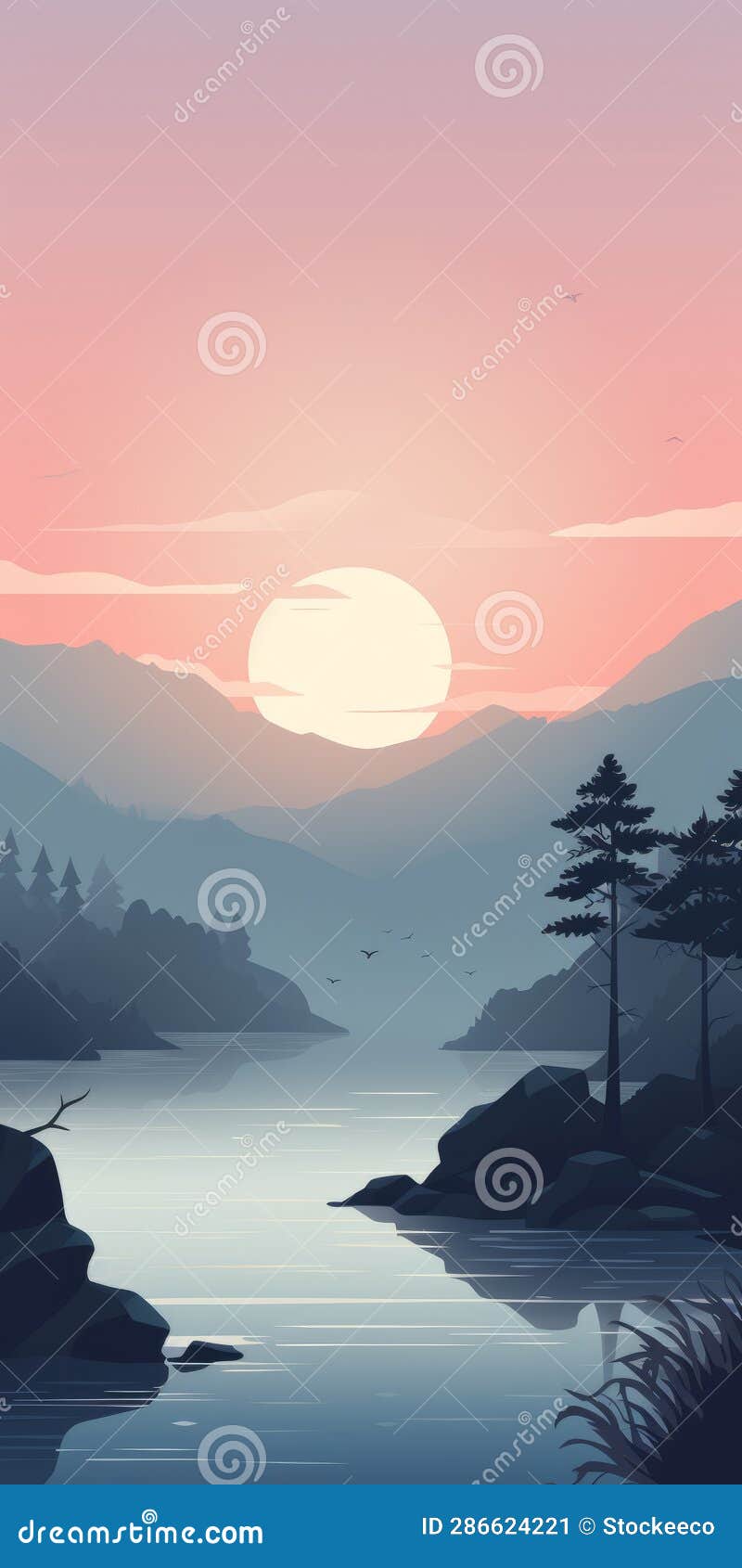 Tranquil Bay: Minimalistic Illustration of a Serene Waterfall Landscape ...