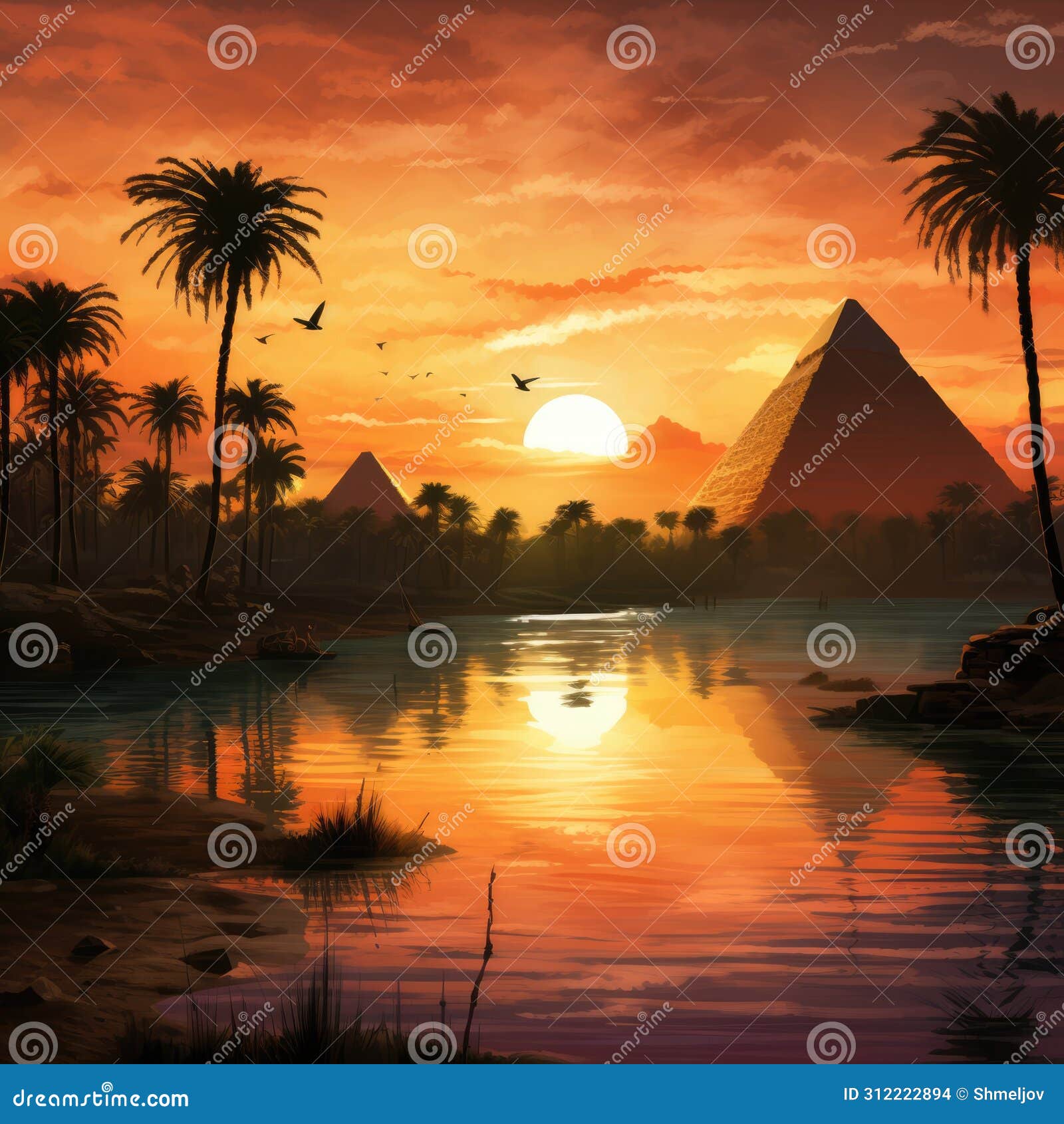 Landscape with Ancient Egyptian Pyramids, Beautiful Sky and Sunset. the ...