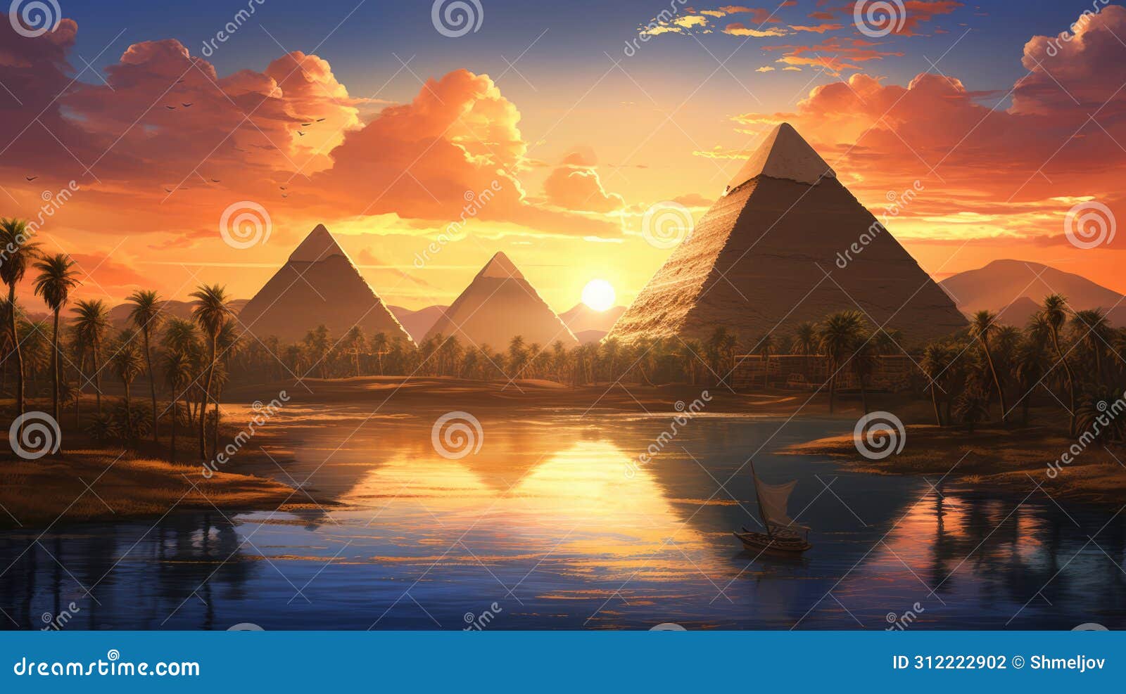Landscape with Ancient Egyptian Pyramids, Beautiful Sky and Sunset. the ...