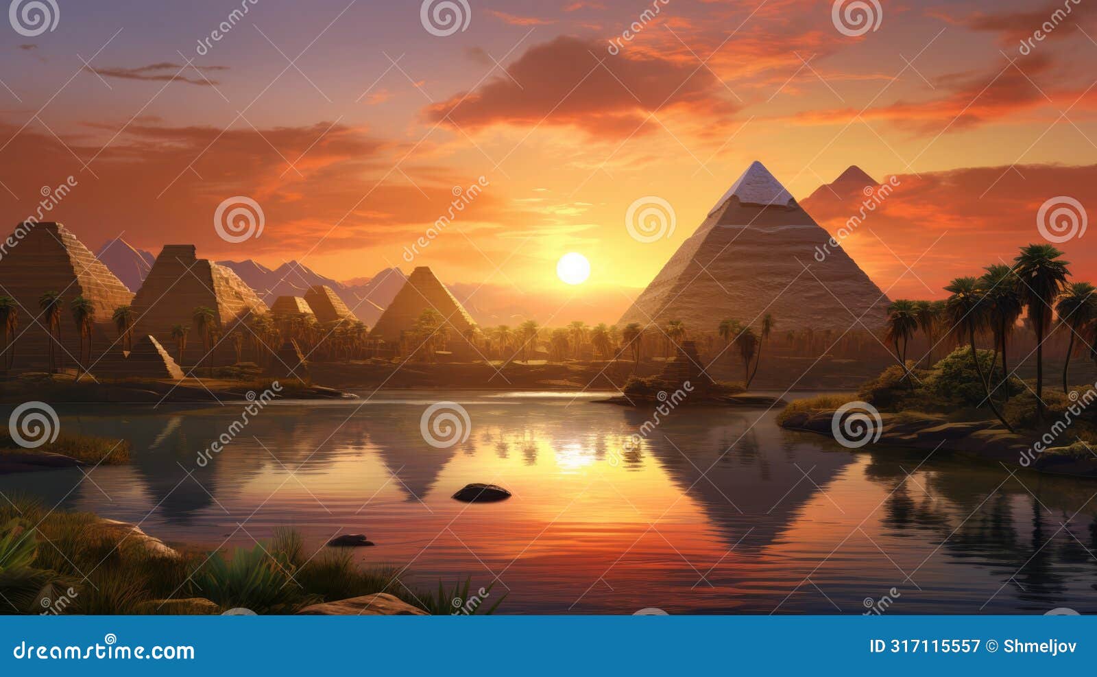 Landscape with Ancient Egyptian Pyramids, Beautiful Sky and Sunset. the ...