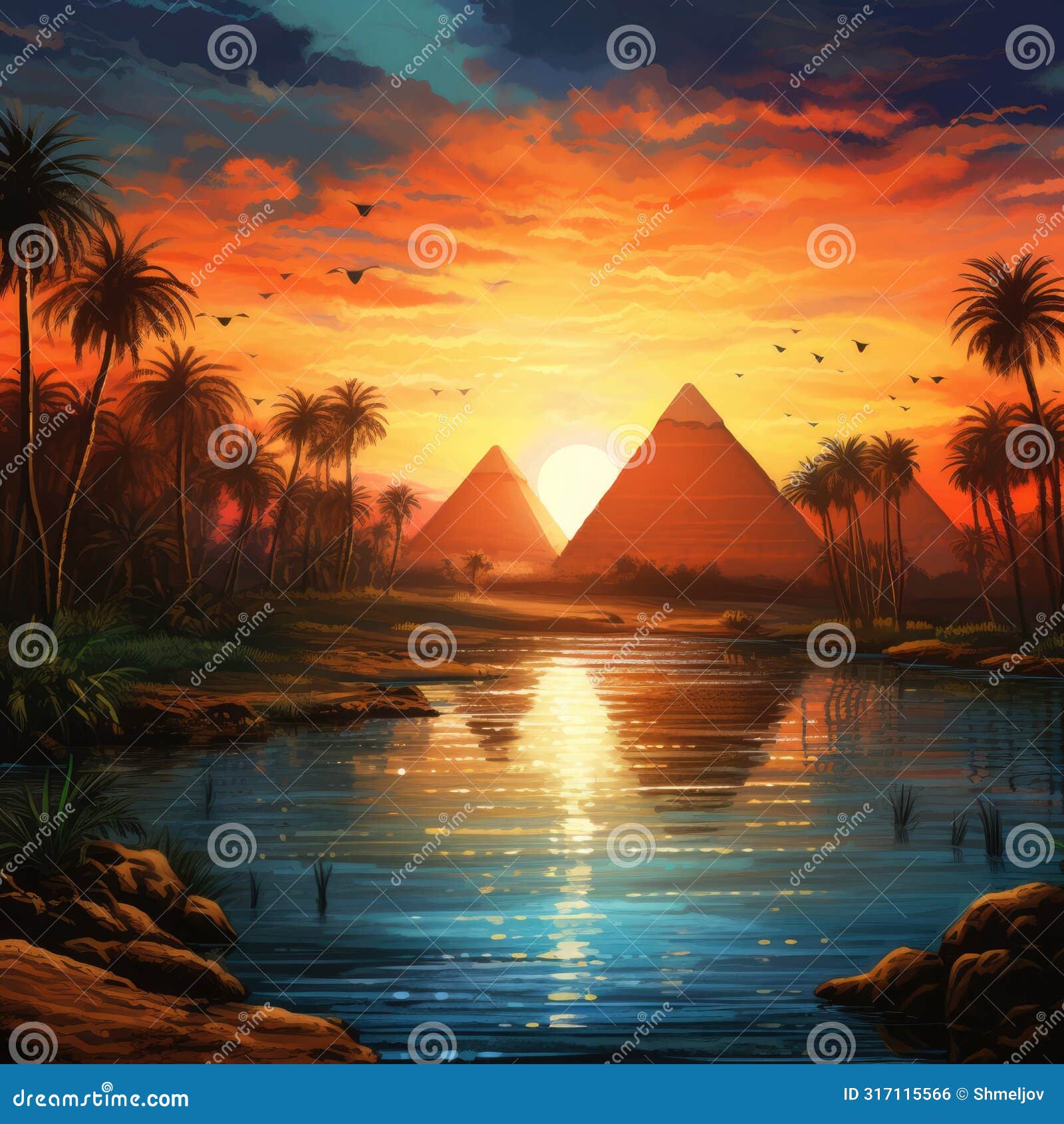 Landscape with Ancient Egyptian Pyramids, Beautiful Sky and Sunset. the ...
