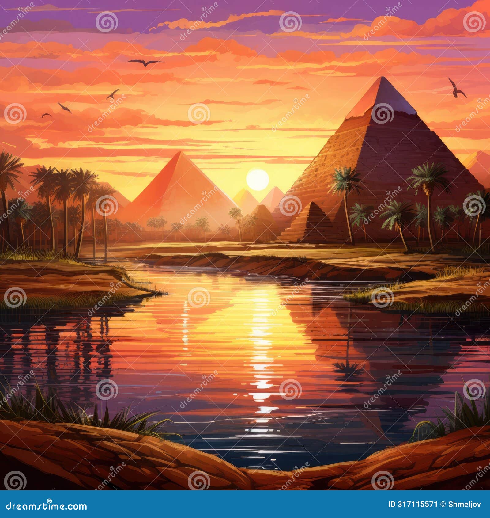 Landscape with Ancient Egyptian Pyramids, Beautiful Sky and Sunset. the ...