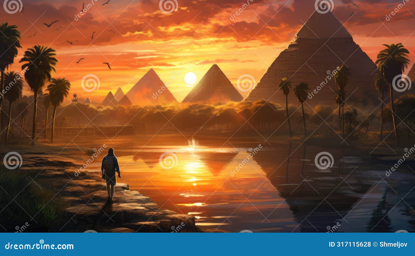 Landscape with Ancient Egyptian Pyramids, Beautiful Sky and Sunset. the ...