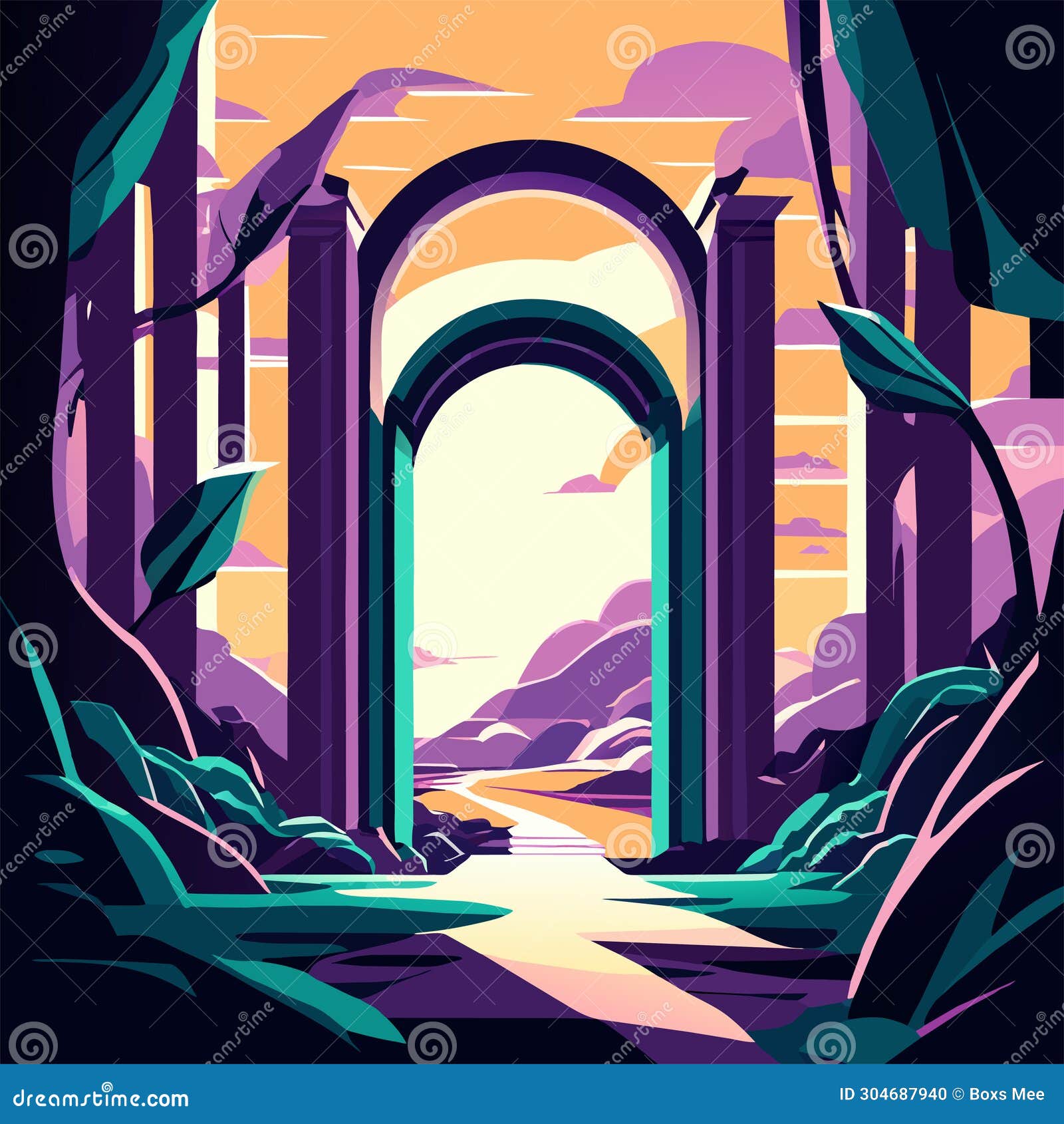Landscape with Arch and River at Sunset. Vector Cartoon Illustration ...