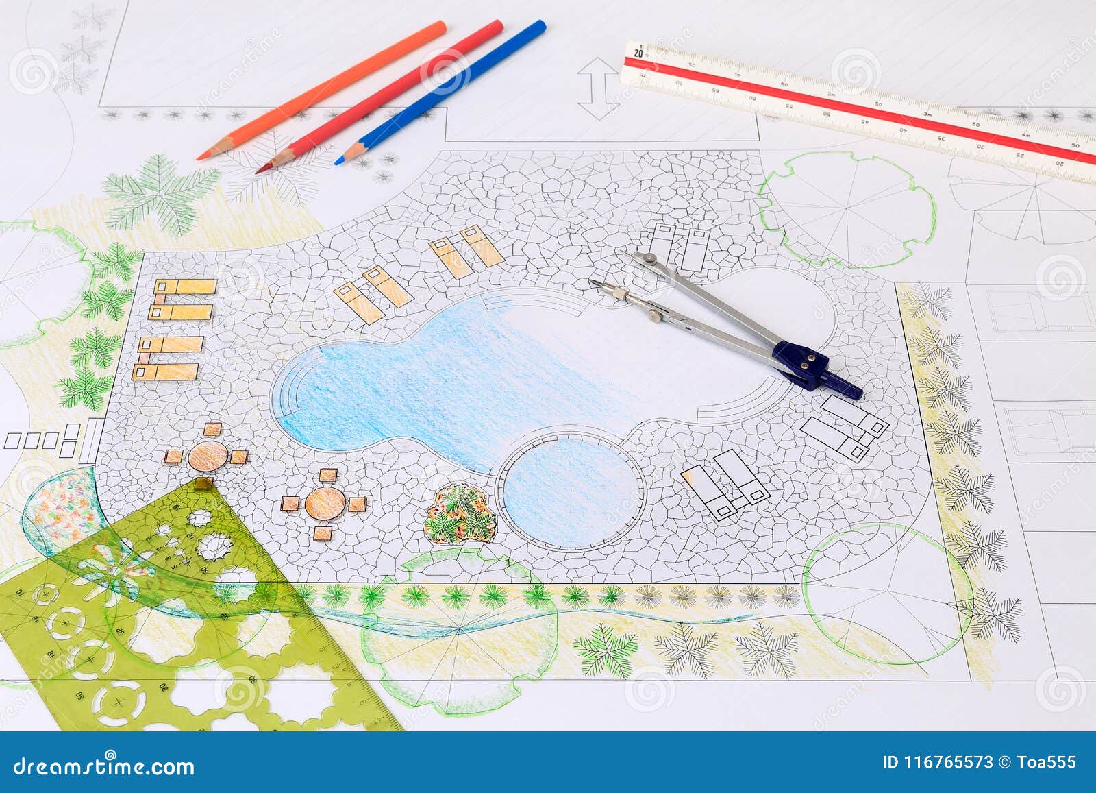 Landscape Architect Design Backyard Pool Plan Stock Image - Image of ...