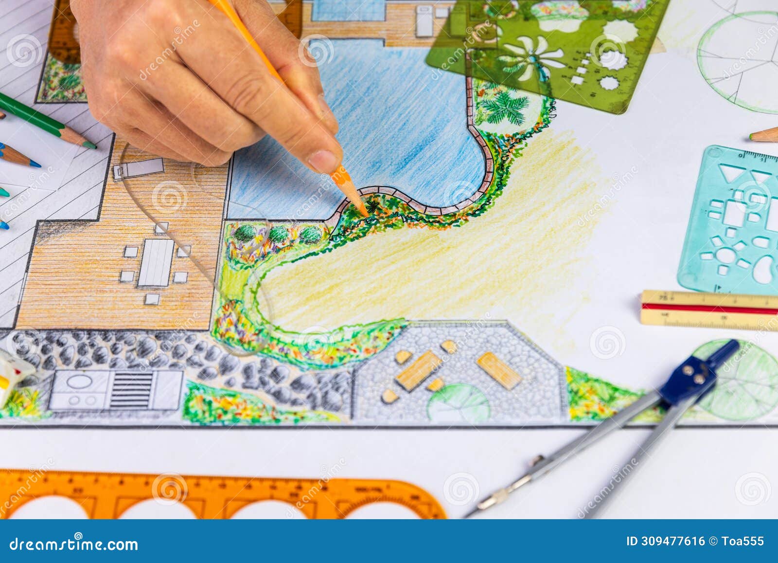 Landscape Architect Student Learning Garden Plan Design by Hand Drawing ...
