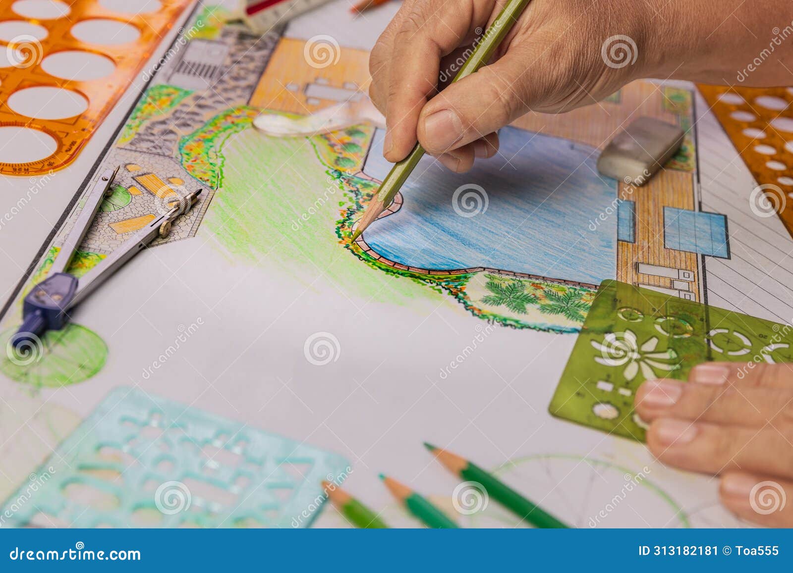 Landscape Architect Student Learning Garden Plan Design by Hand Drawing ...