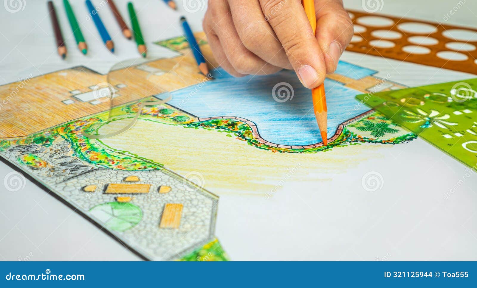 Landscape Architect Student Learning Garden Plan Design by Hand Drawing ...