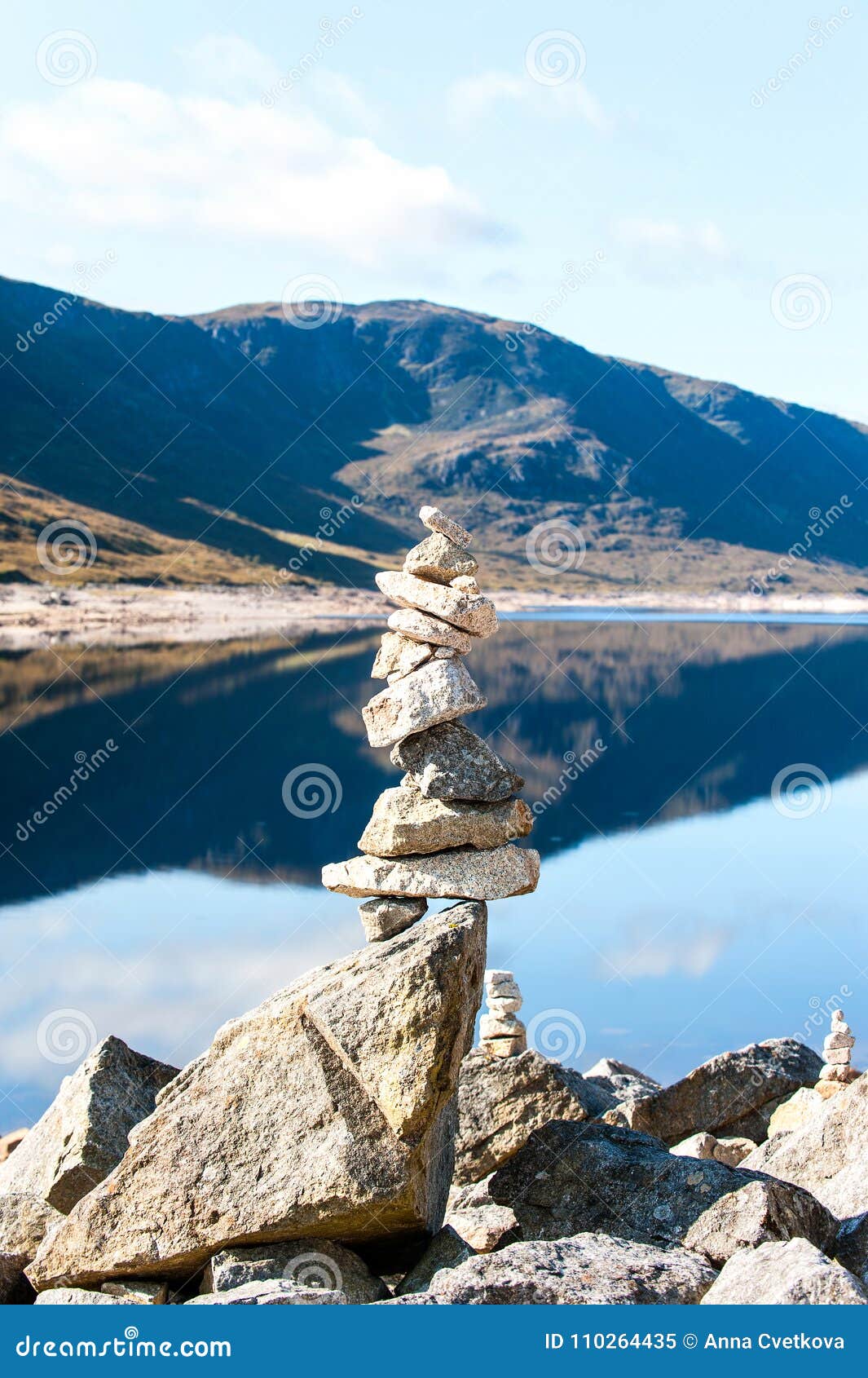 Balanced Stones Pyramid at Scottish Wild Mountains and Lake Back Stock ...