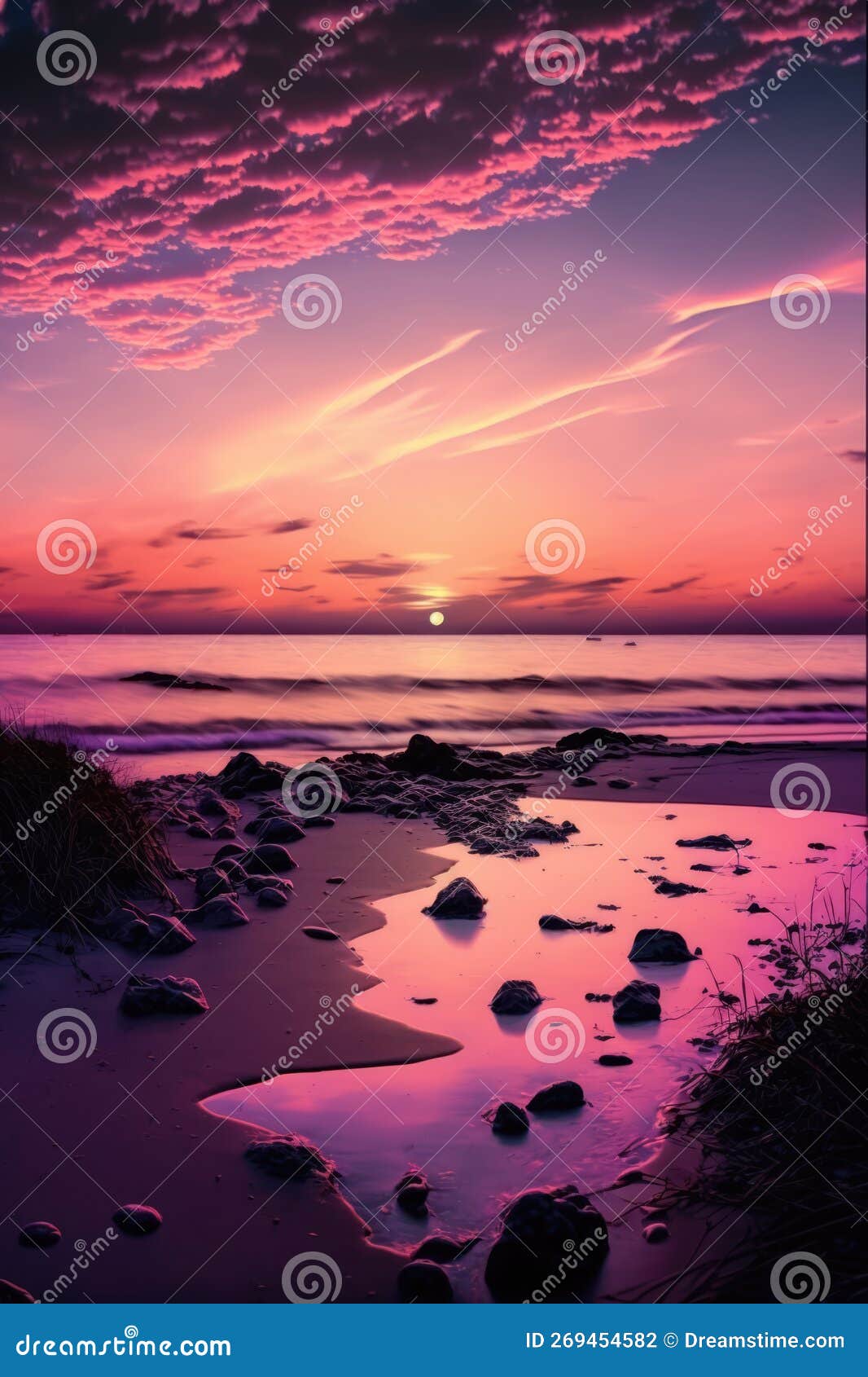 Landscape of Beach with Rocks Over Sea and Sunset, Created Using ...
