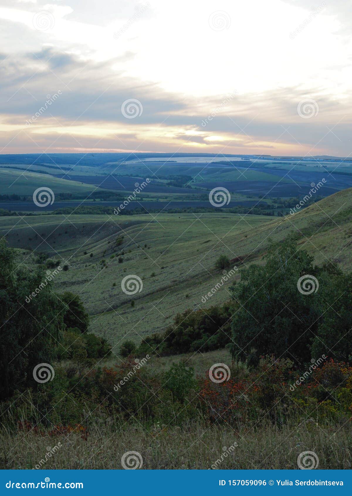 Landscape with Beautiful Evening Mist Over Forest Covered Hills Stock ...