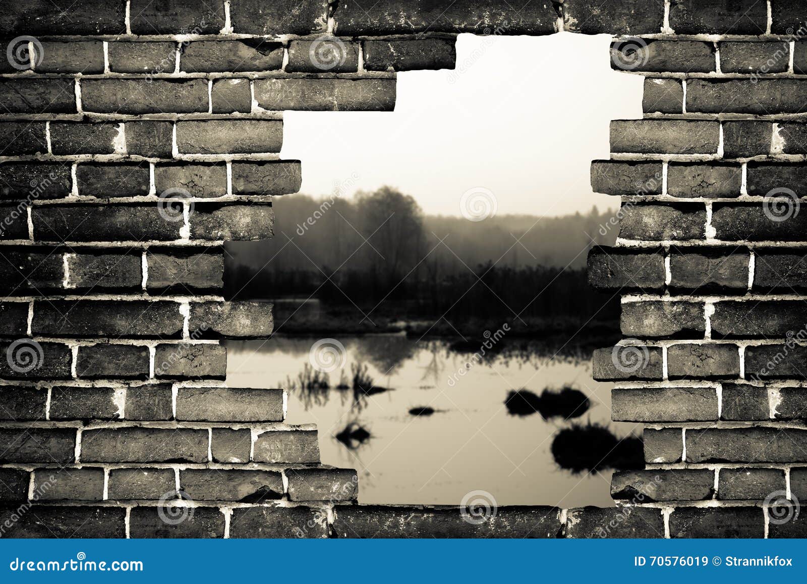Landscape Behind a Wall of Red Bricks. Toned Stock Image - Image of ...