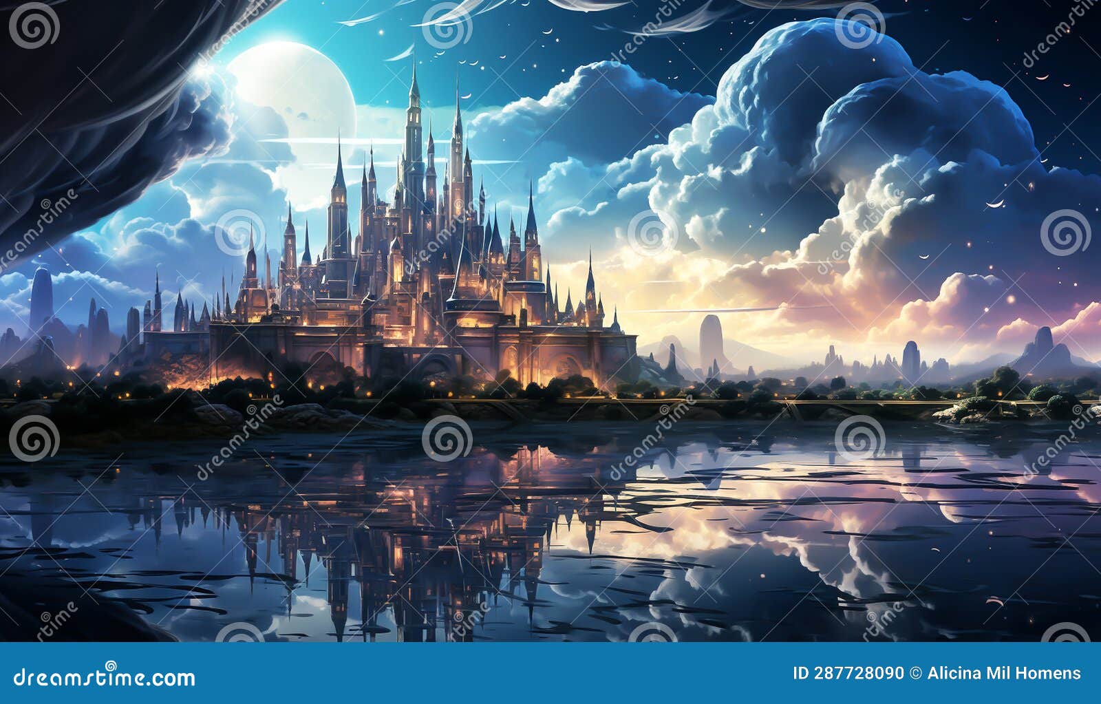 Landscape with Big Castle and Its Reflection in the River. AI Generated ...