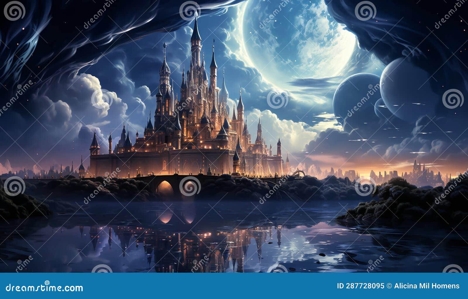 Landscape with Big Castle and Its Reflection in the River. AI Generated ...