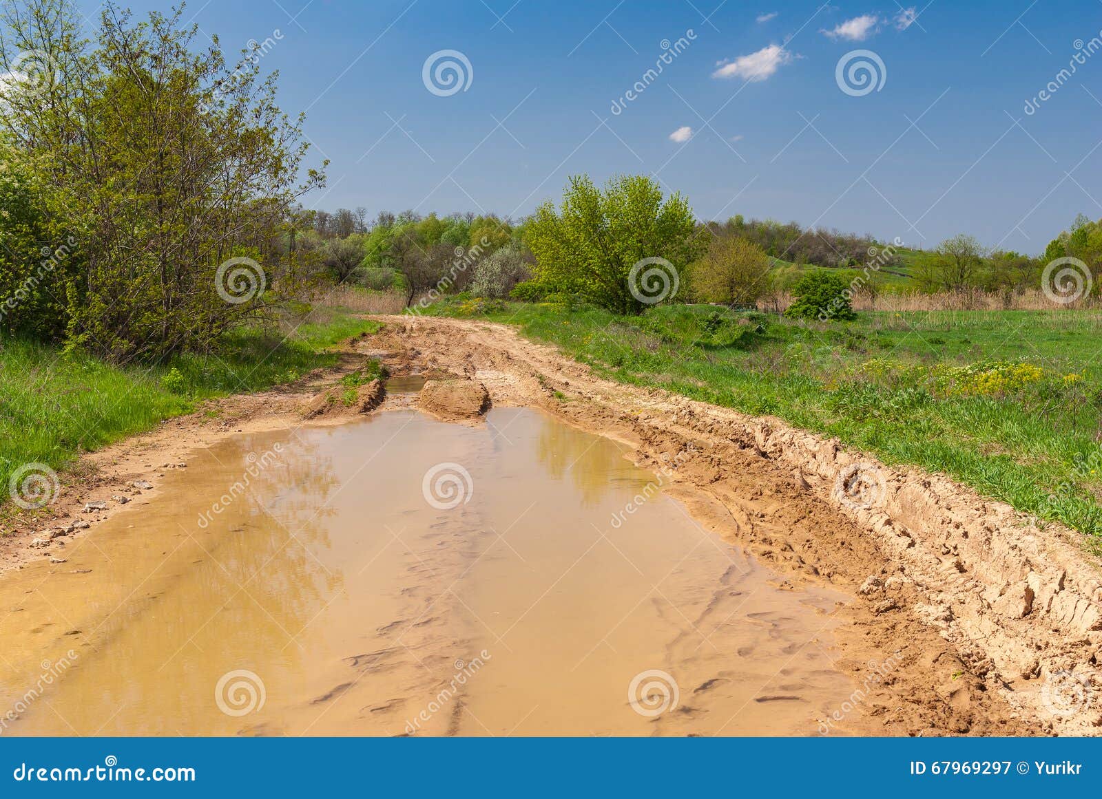 Landscape with Big Puddle on an Earth Road Stock Image - Image of scene ...