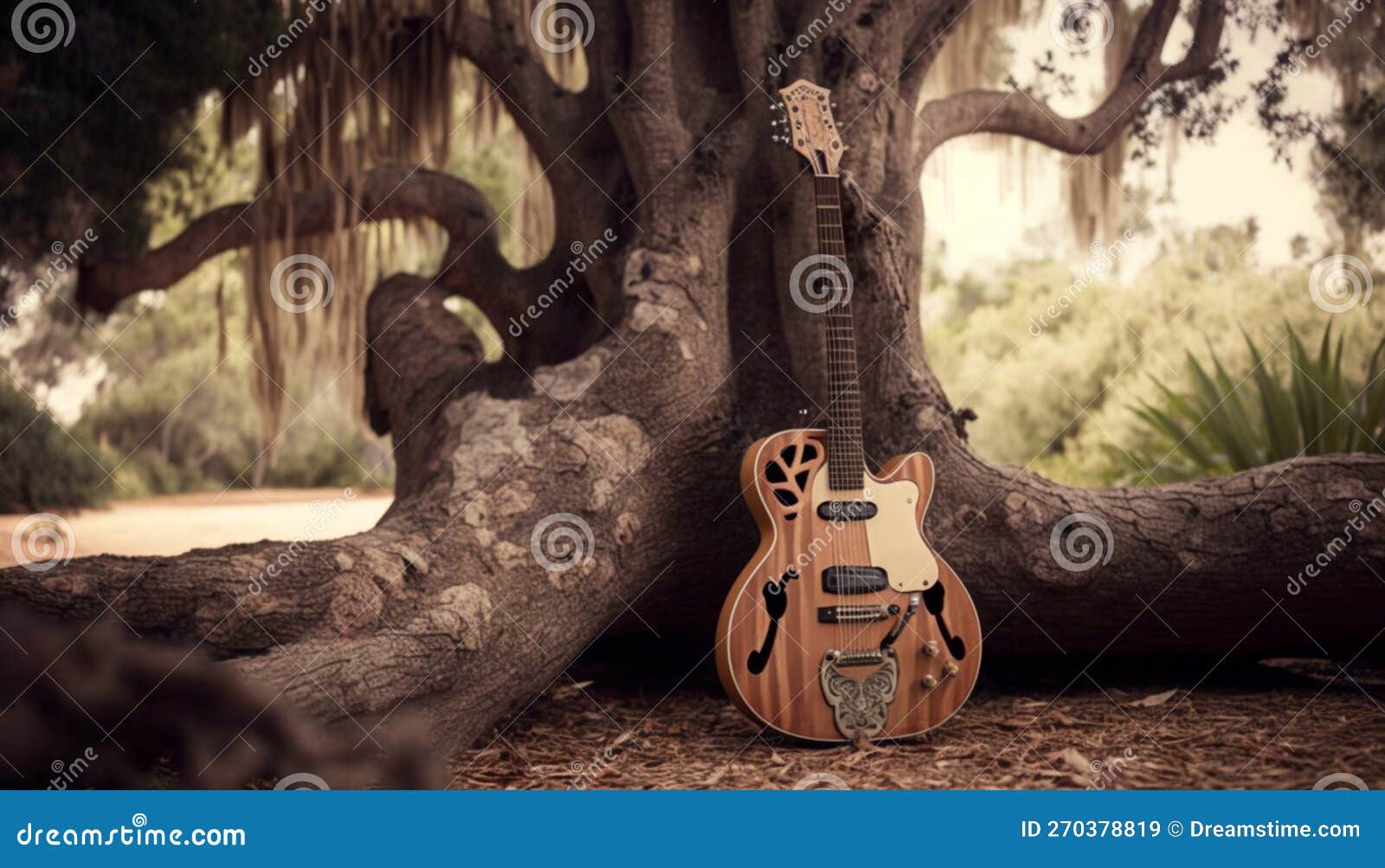 Landscape with a Big Tree and a Guitar Leaning Against it Generative AI ...