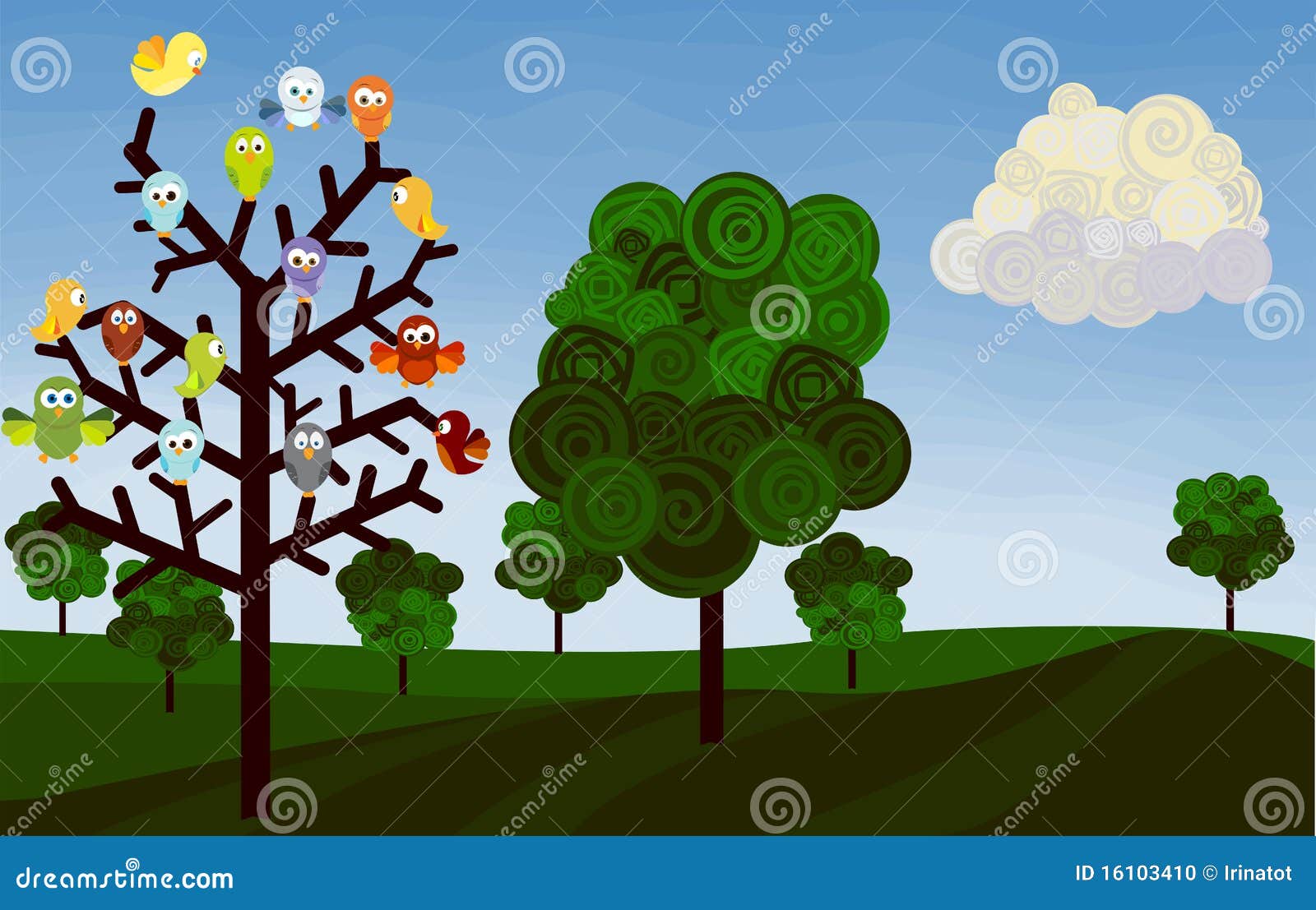 Landscape with birds stock illustration. Illustration of colorful ...