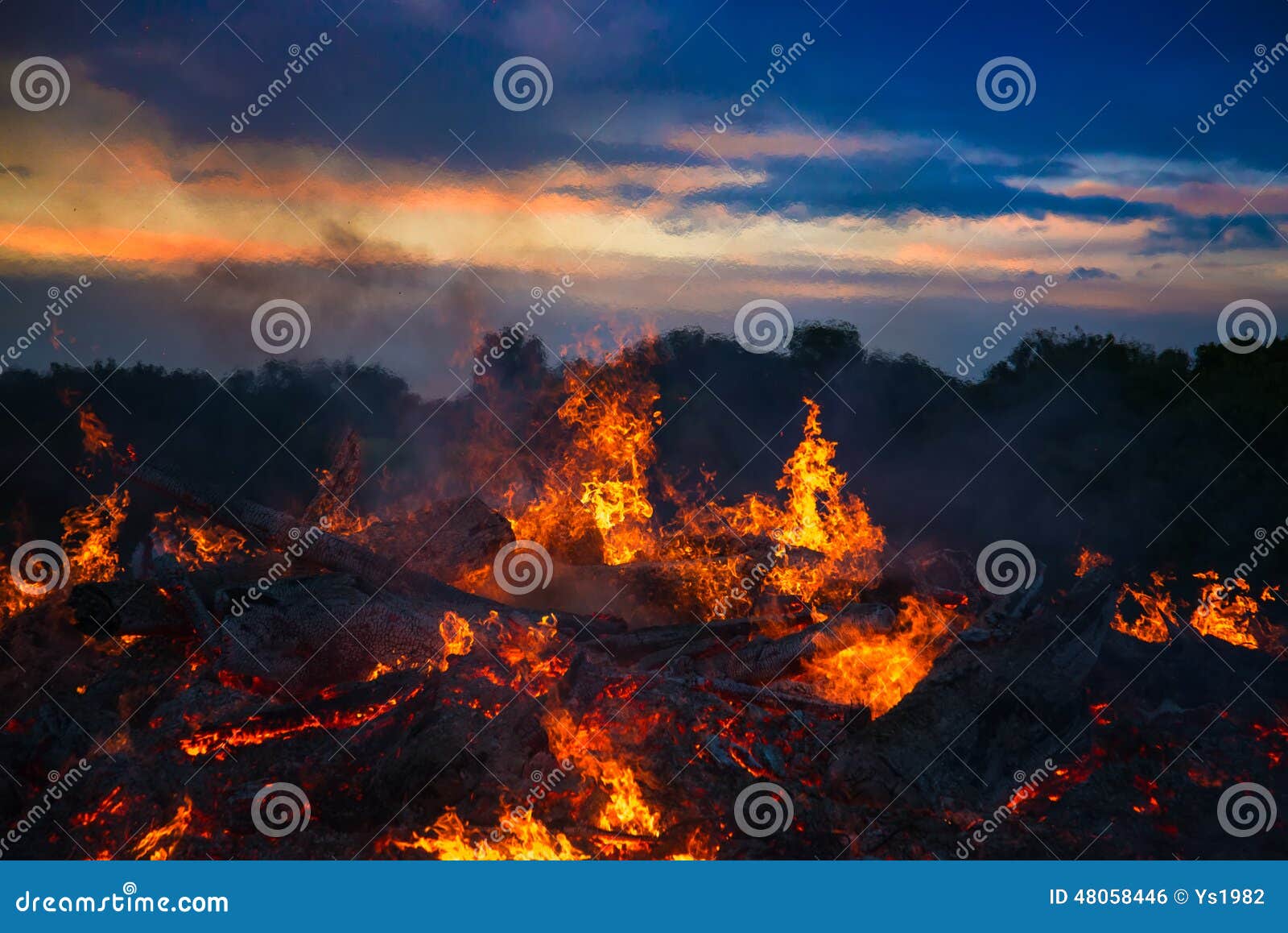 Landscape with Bonfire, Night and Bright Hot Flame Stock Photo - Image ...