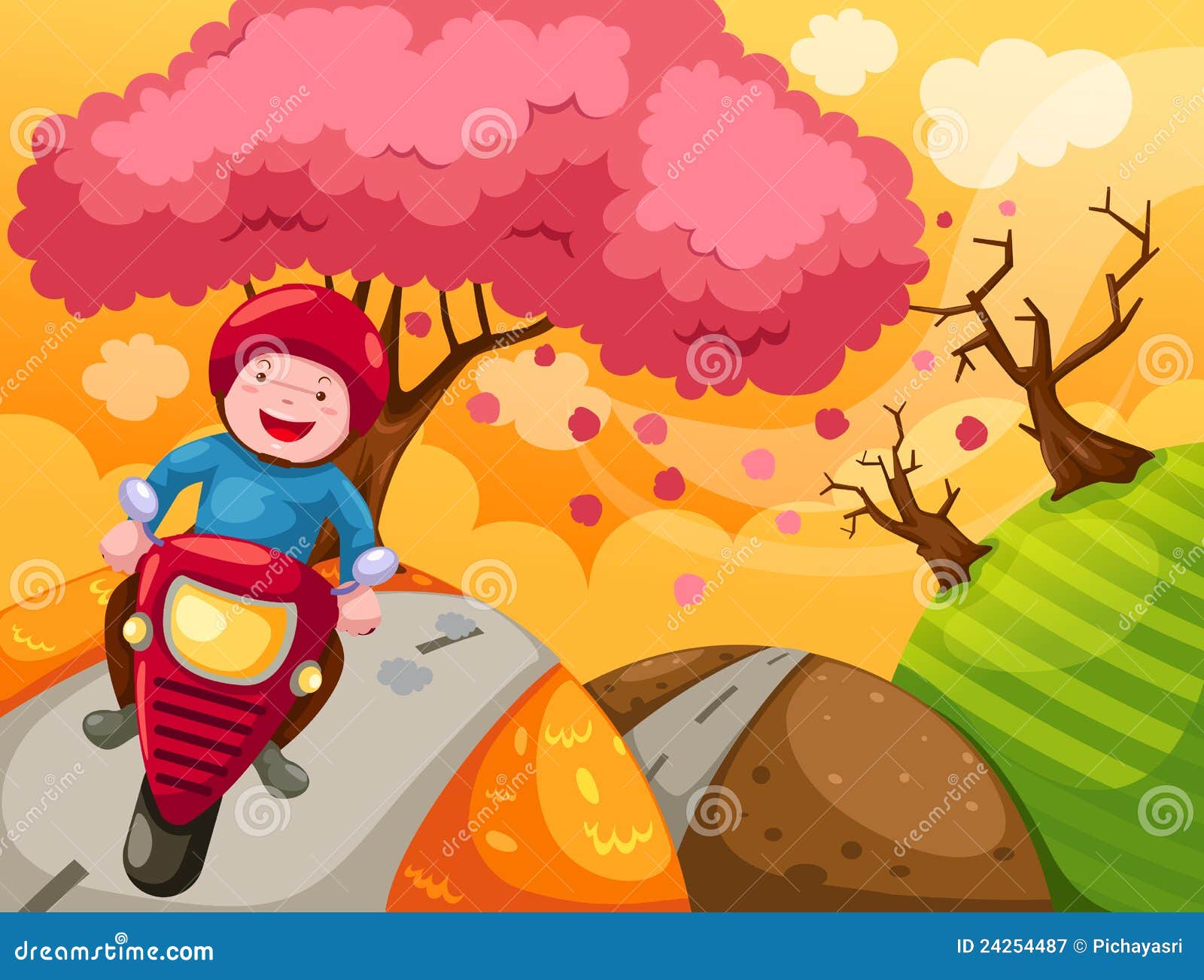 Landscape Cartoon Boy Riding Motorcycle Stock Vector - Illustration of ...