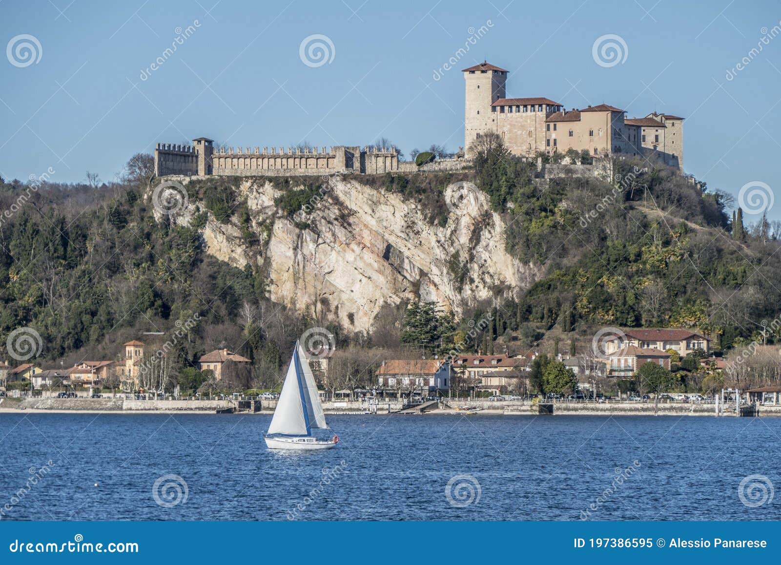 Landscape of the Castle of Angera and the City with a Boat that is ...