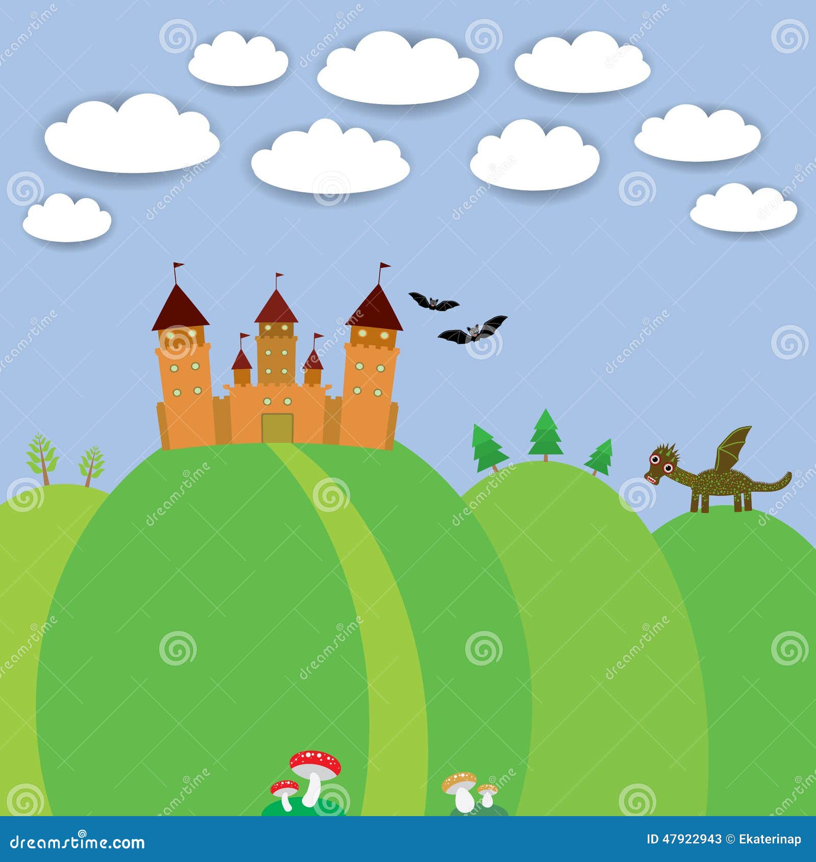 Landscape with Castle Wizard, Cartoon Dragon, Bats Stock Vector ...