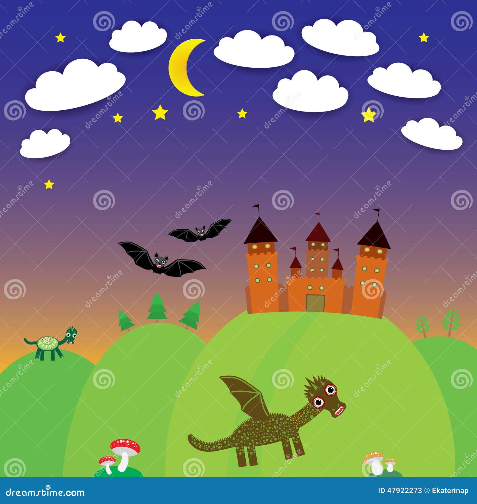 Landscape With Castle Wizard, Cartoon Dragon, Bats | CartoonDealer.com ...