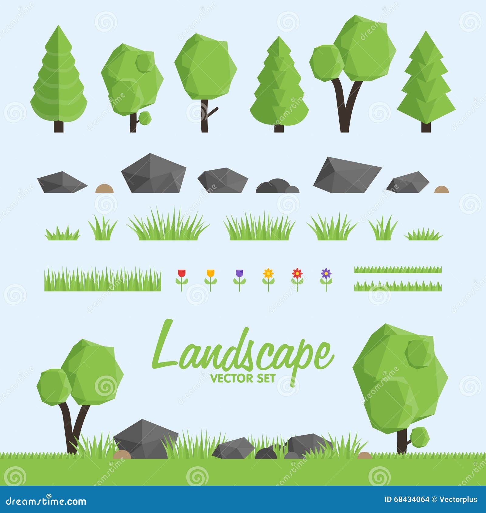 Landscape Constructor Icons Set. Trees, Stone and Grass Elements for Landscape Design Stock ...