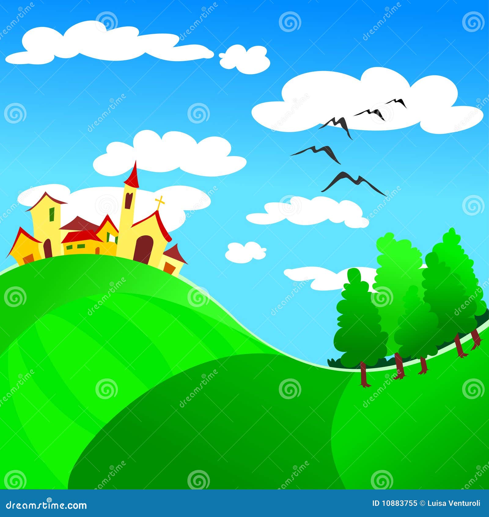 Landscape with Country and Woods Stock Vector - Illustration of cartoon ...