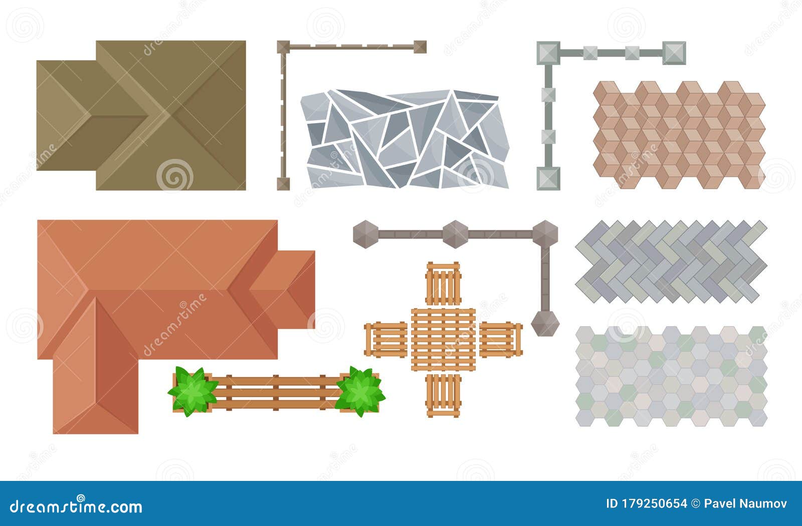 Landscape Design Elements with Stone Setting and Pergola Vector Set ...
