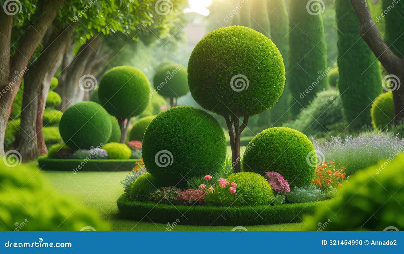 Landscape Design Featuring Round Topiary Bushes Stock Illustration ...