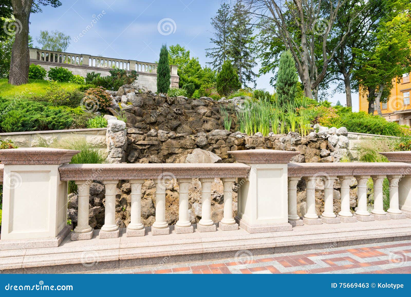 Landscape Design with Marble Fence Stock Image - Image of building ...