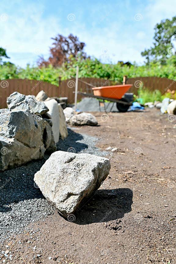 Outdoor Yard Garden Project of Terracing Building Stacked Boulder Rock ...