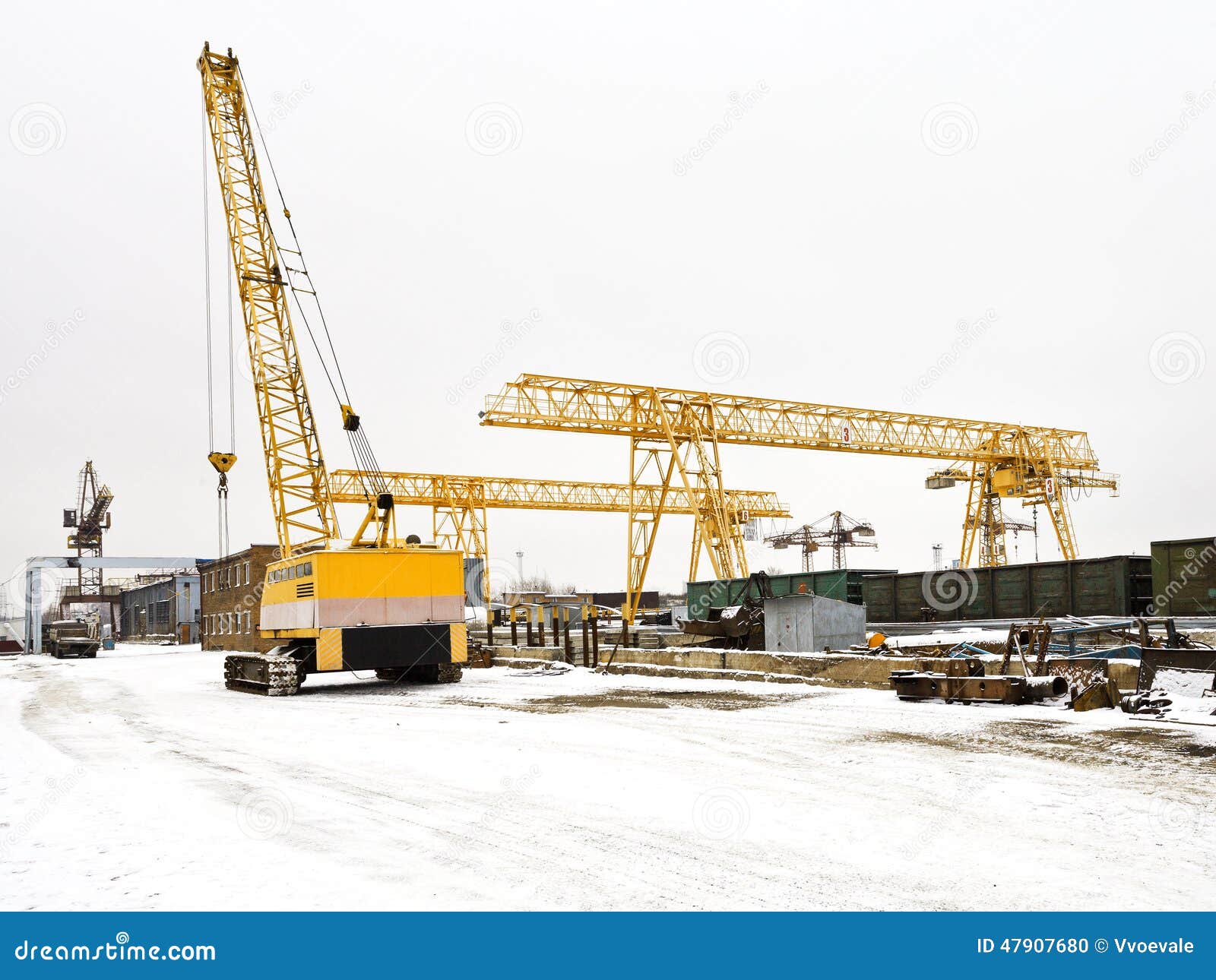 Landscape with Different Cranes in Storage Area Stock Photo - Image of ...