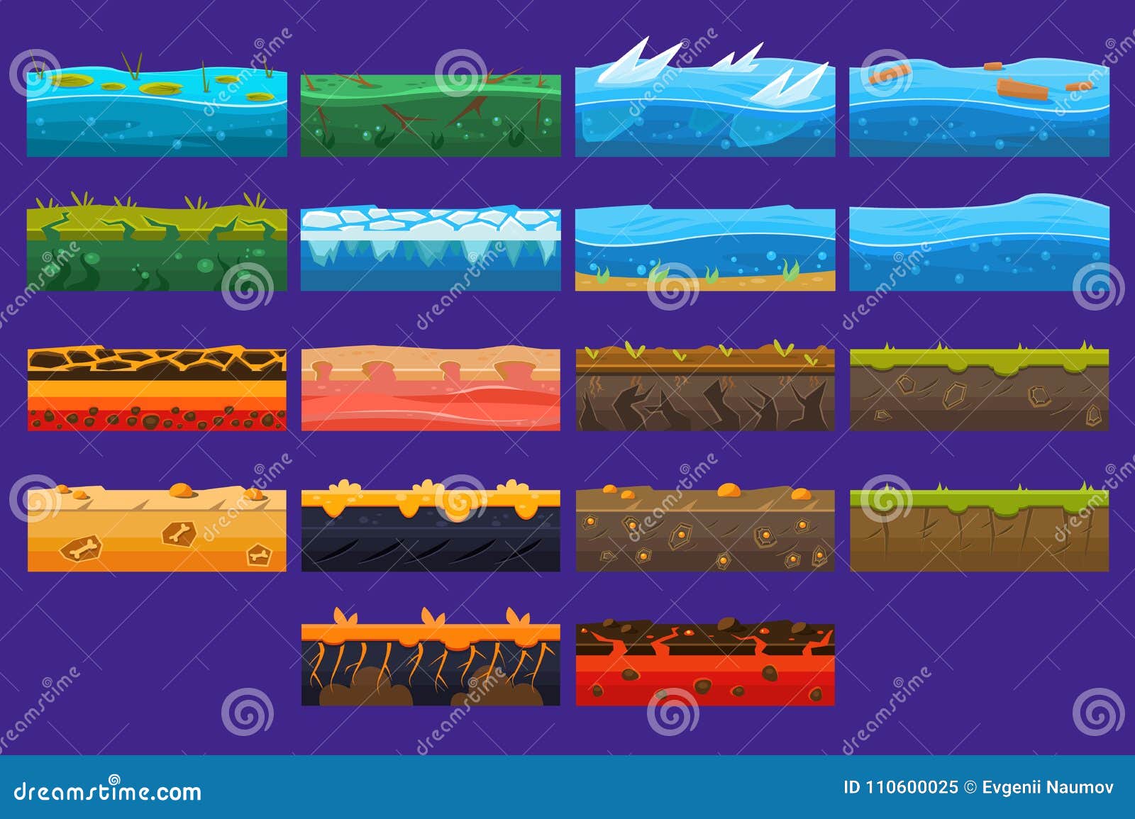 Set Of Ground Surfaces. Grass, Rocks And Water Vector Illustration ...