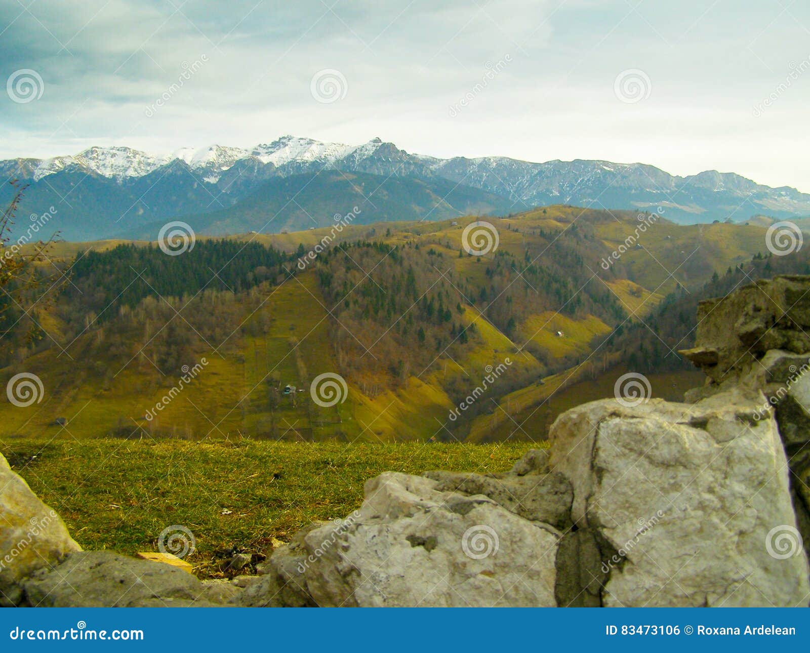 Landscape Empty Valley Green Hills White Mountains Stock Photo - Image ...