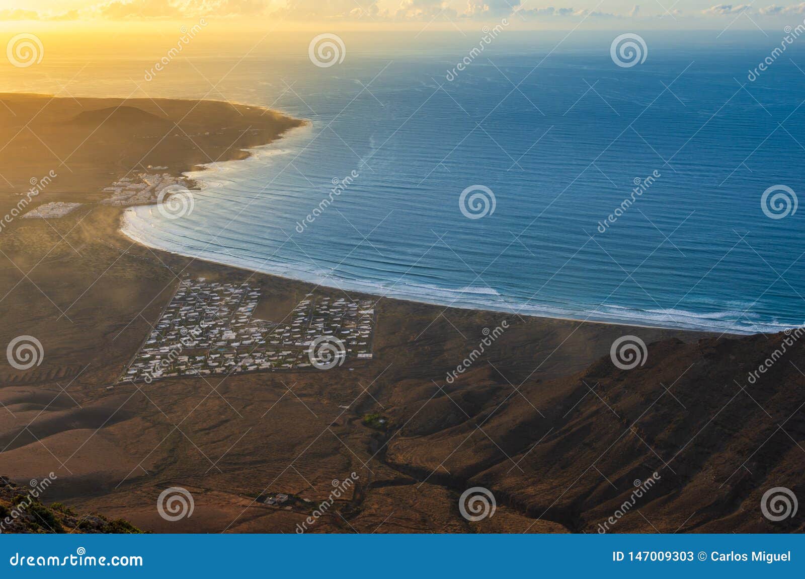 Landscape of Famara Beach from Cliffs at Sunset Stock Image - Image of ...