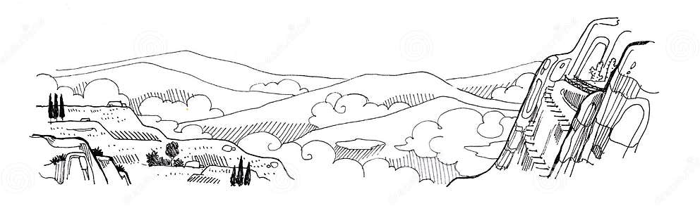 Landscape Fantasy Drawing of Mountain Scape Cloud and Tree Stock ...