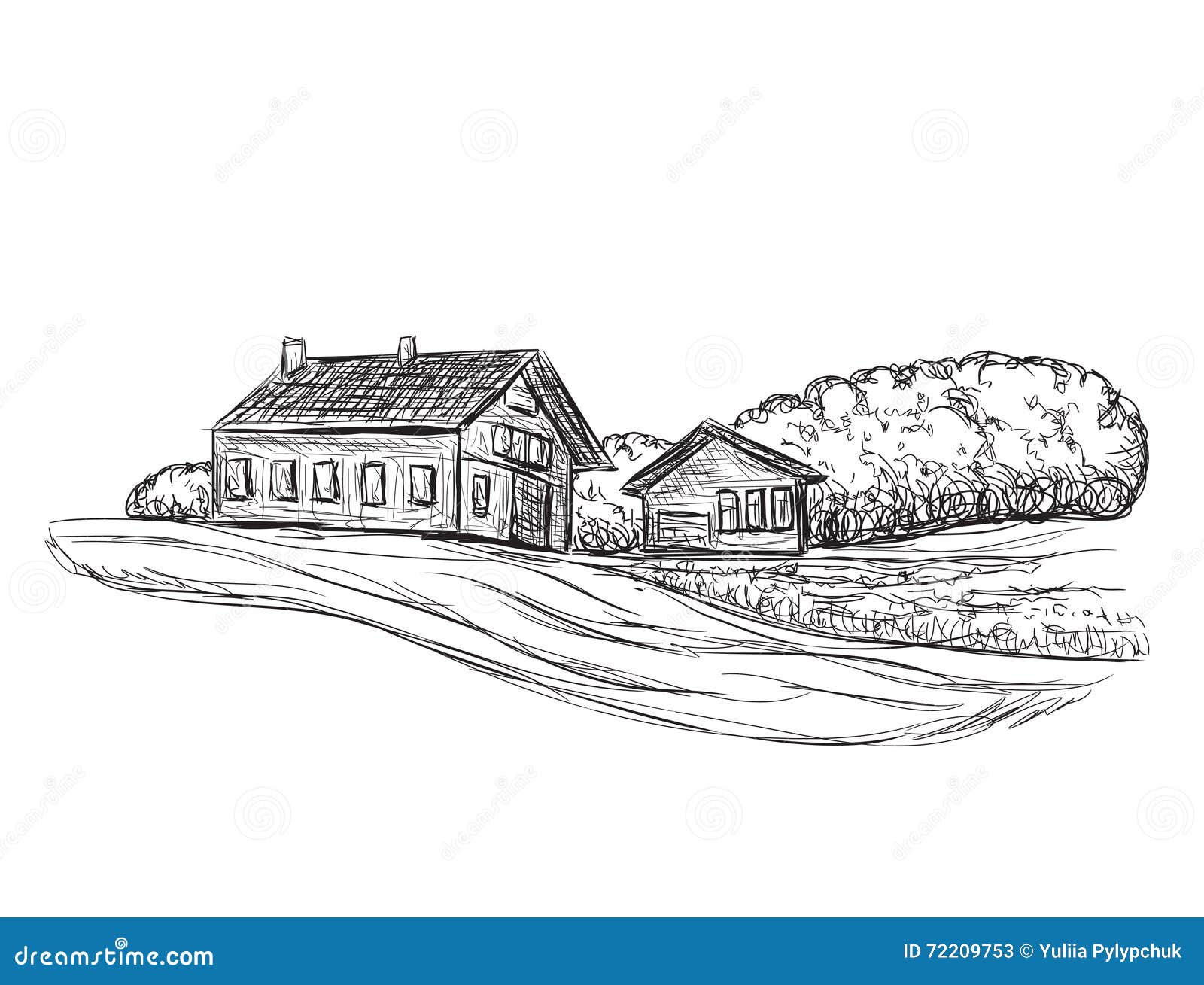 Landscape with Fields and Building Sketch. Stock Vector - Illustration ...