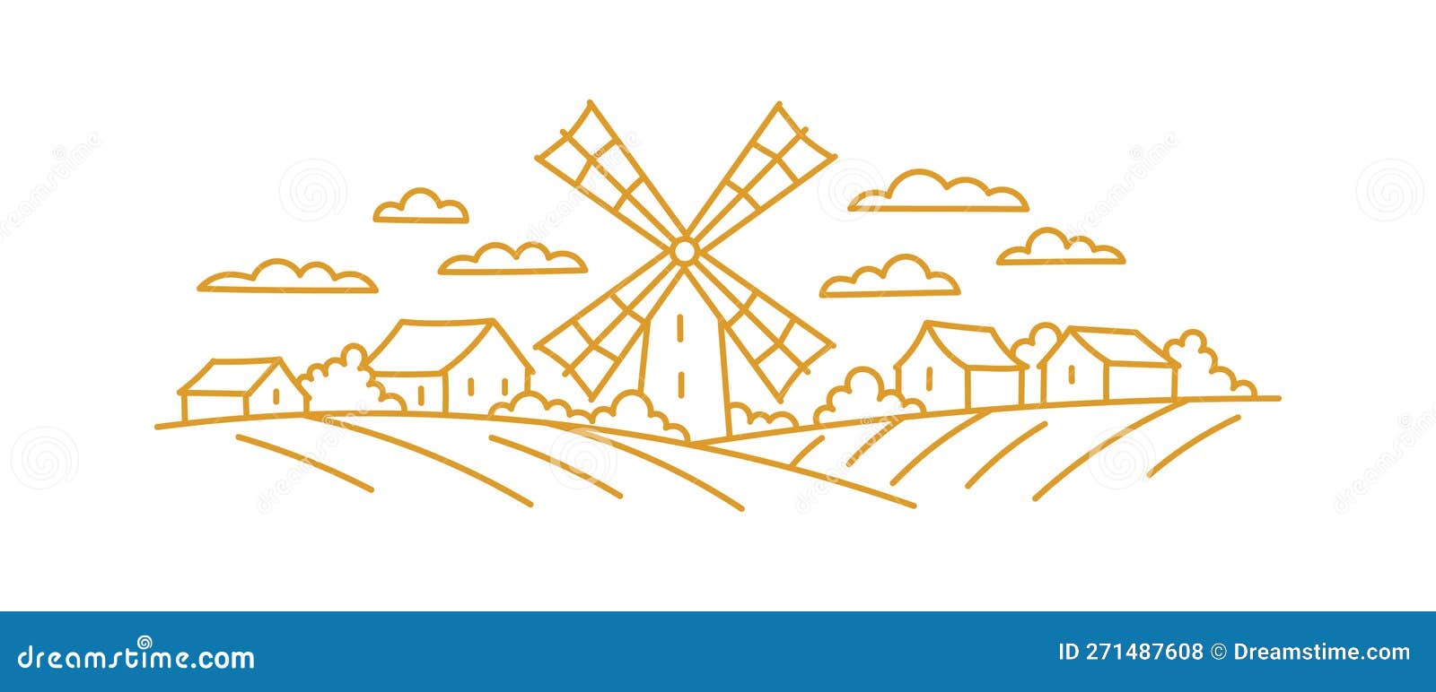 Landscape Fields with a Windmill. Vector Line. Editable Outline Stroke ...