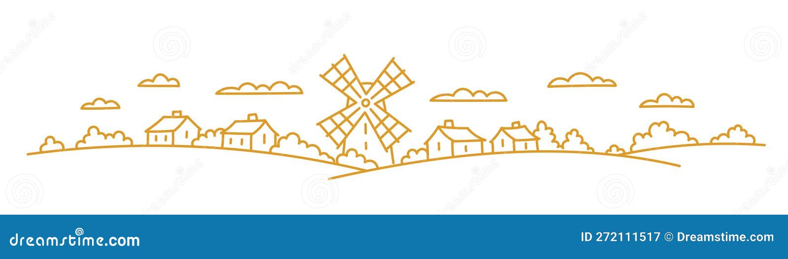 Landscape Fields with a Windmill. Vector Line. Editable Outline Stroke ...