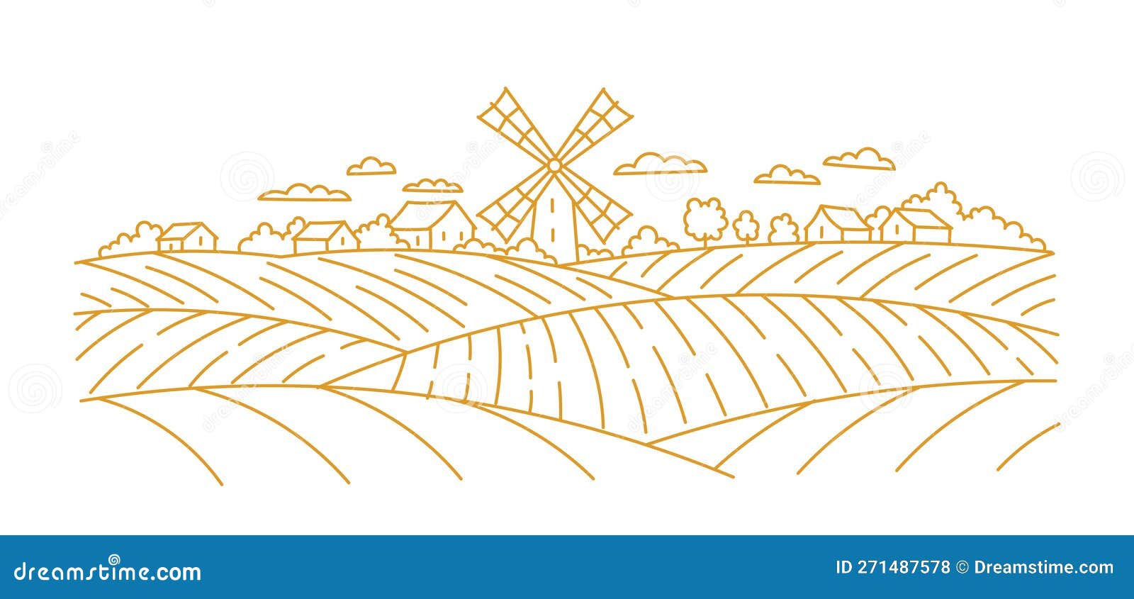 Landscape Fields with a Windmill. Village Arable Land. Vector Line ...