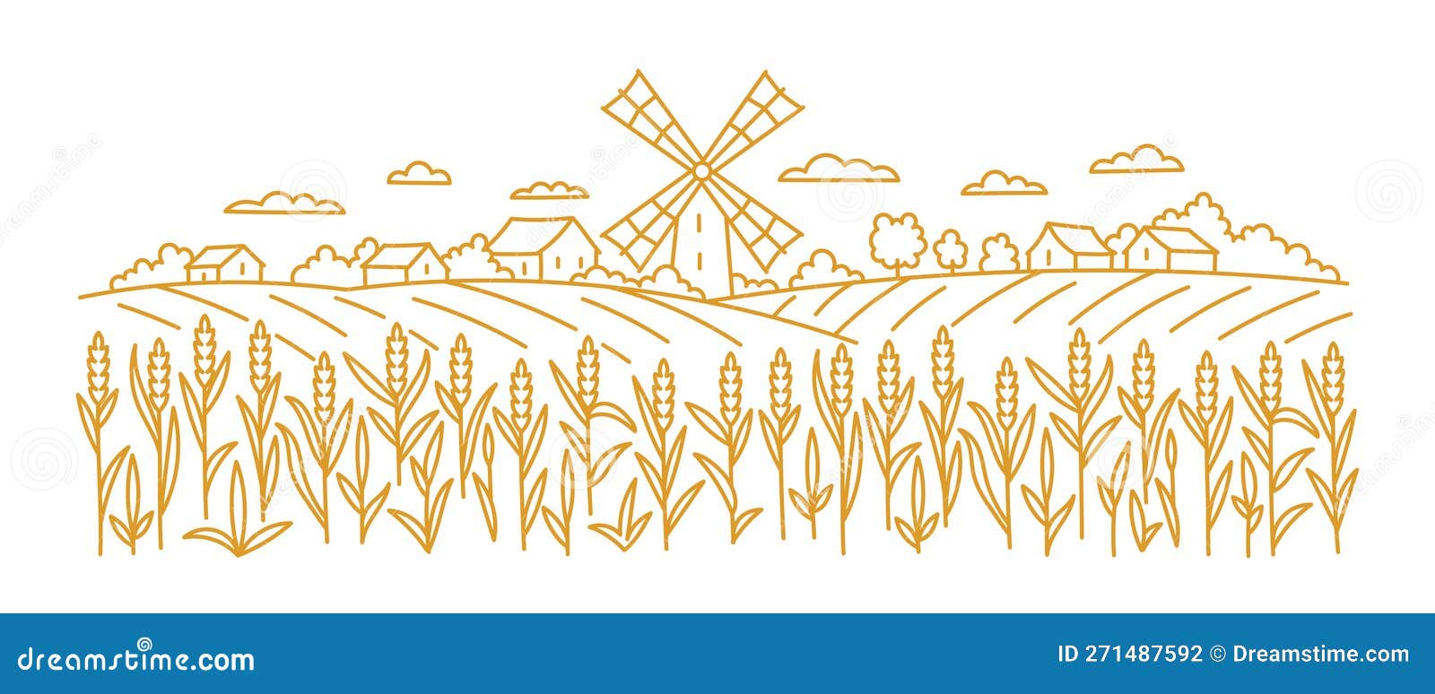 Landscape Fields with a Windmill. Wheat Spikelets in the Foreground ...