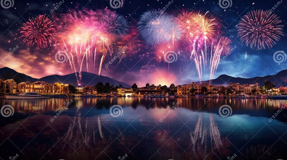 Landscape Firework on River and City Background Stock Illustration ...