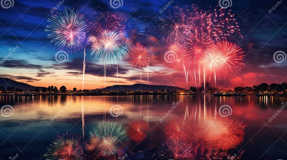 Landscape Firework on River and City Background Stock Illustration ...