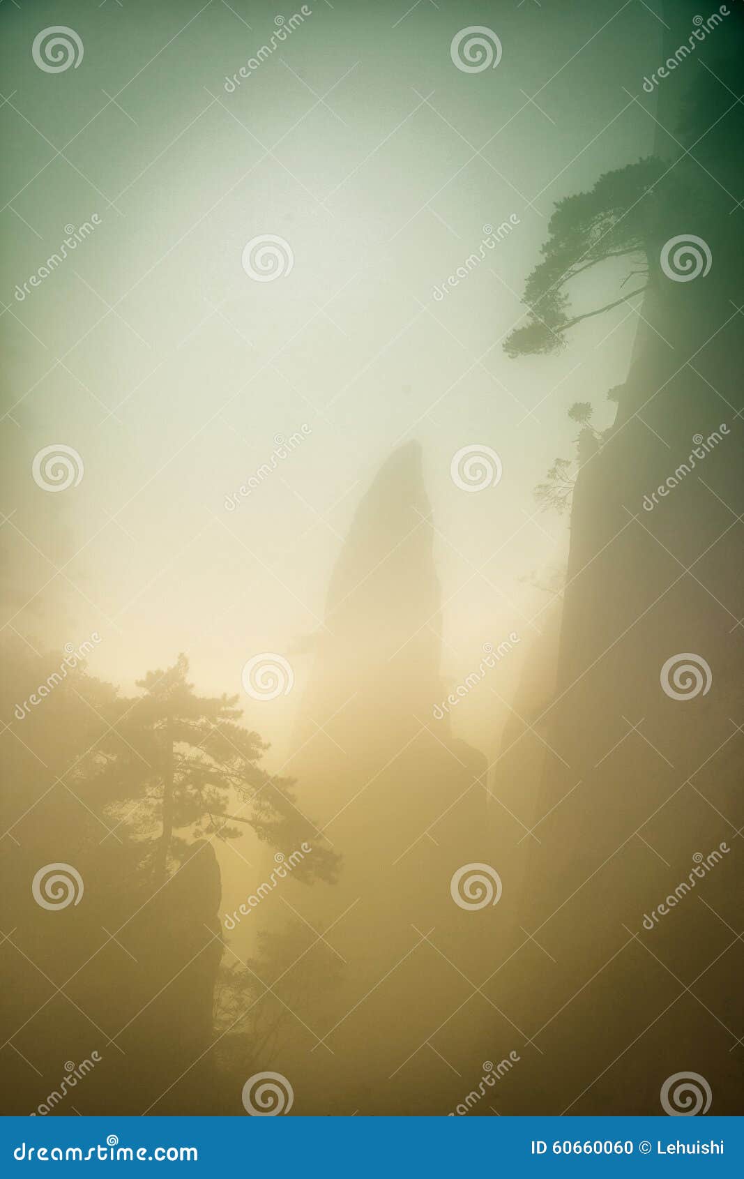 Landscape of Fog Mountains of China Stock Photo - Image of faded, rock ...