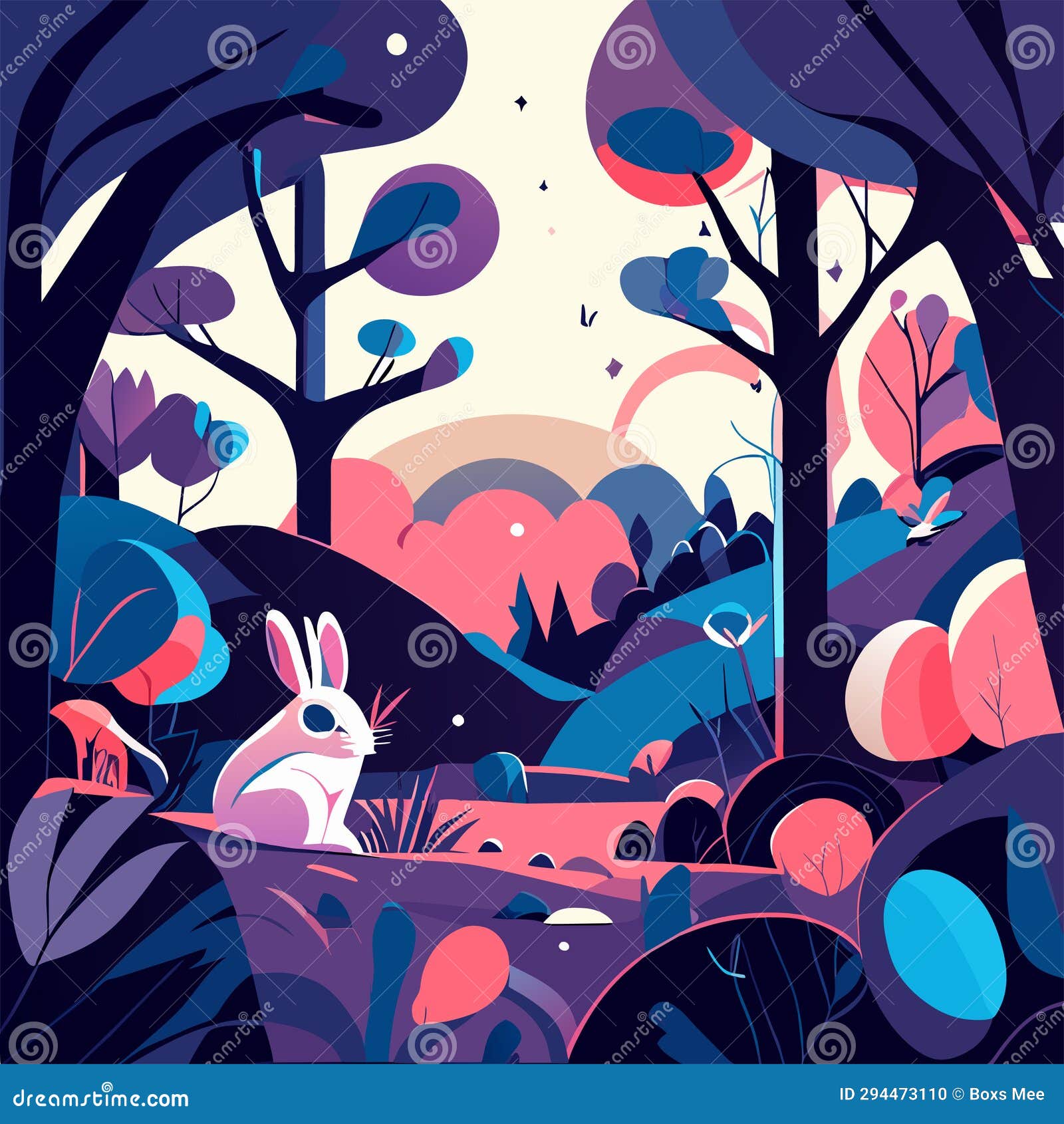 Landscape with Forest and Rabbit. Vector Illustration in Flat Cartoon ...